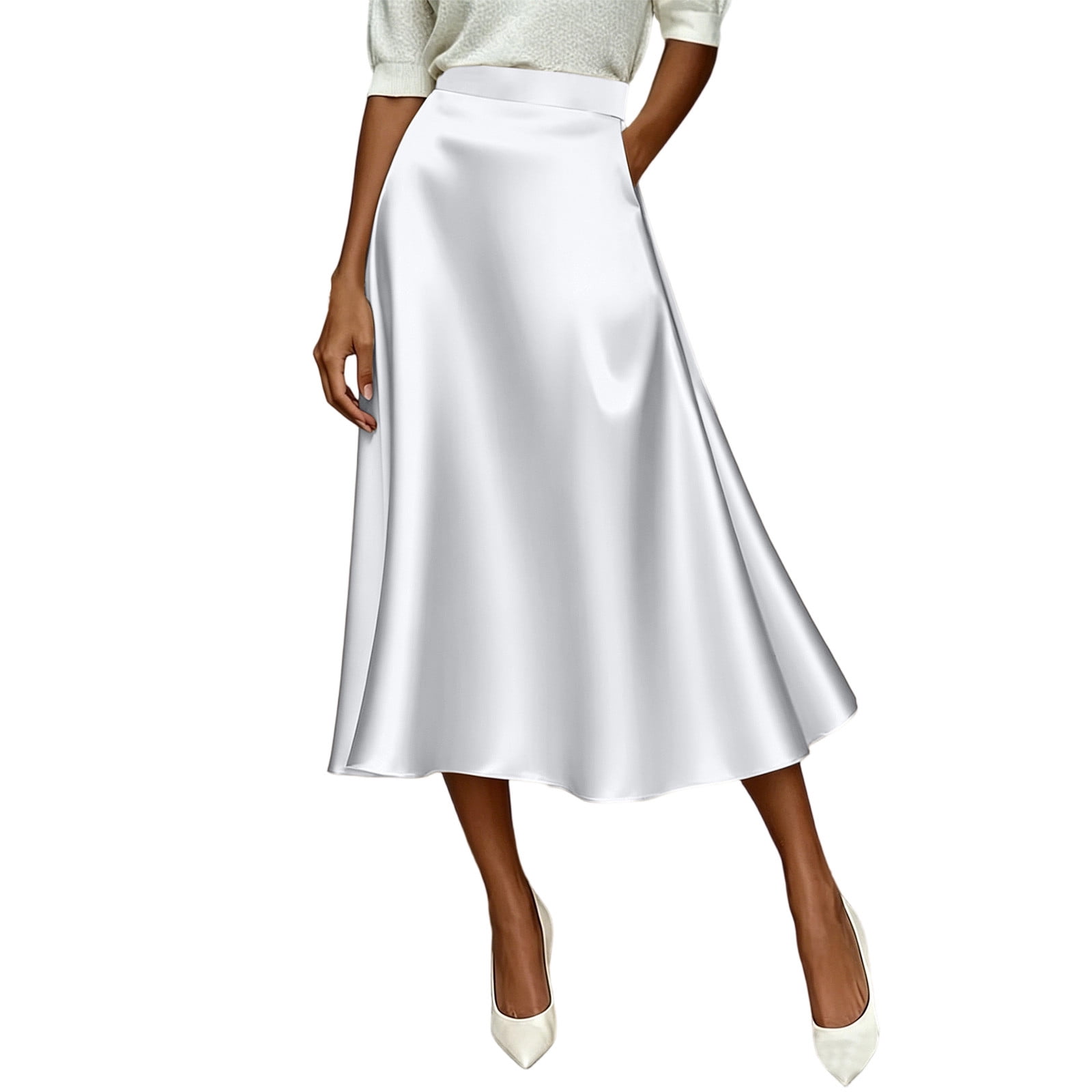 ShomPort Women's Satin Midi Skirts Solid Color Elegant Silk High Waist ...
