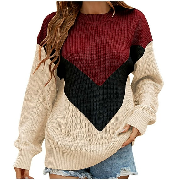 ShomPort Womens Color Block Sweater Fall Winter Long Sleeve Crewneck ...