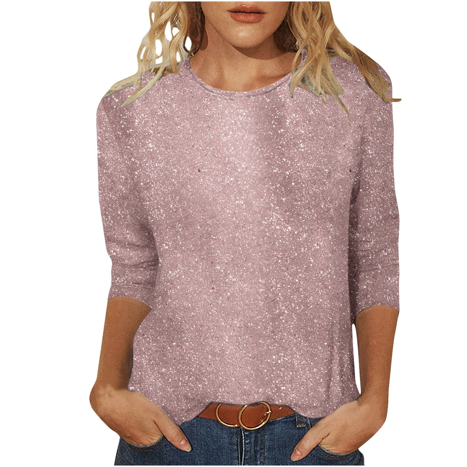 ShomPort Womens Sequin Tops 3/4 Sleeve Sparkly Blouses Round Neck Tee ...