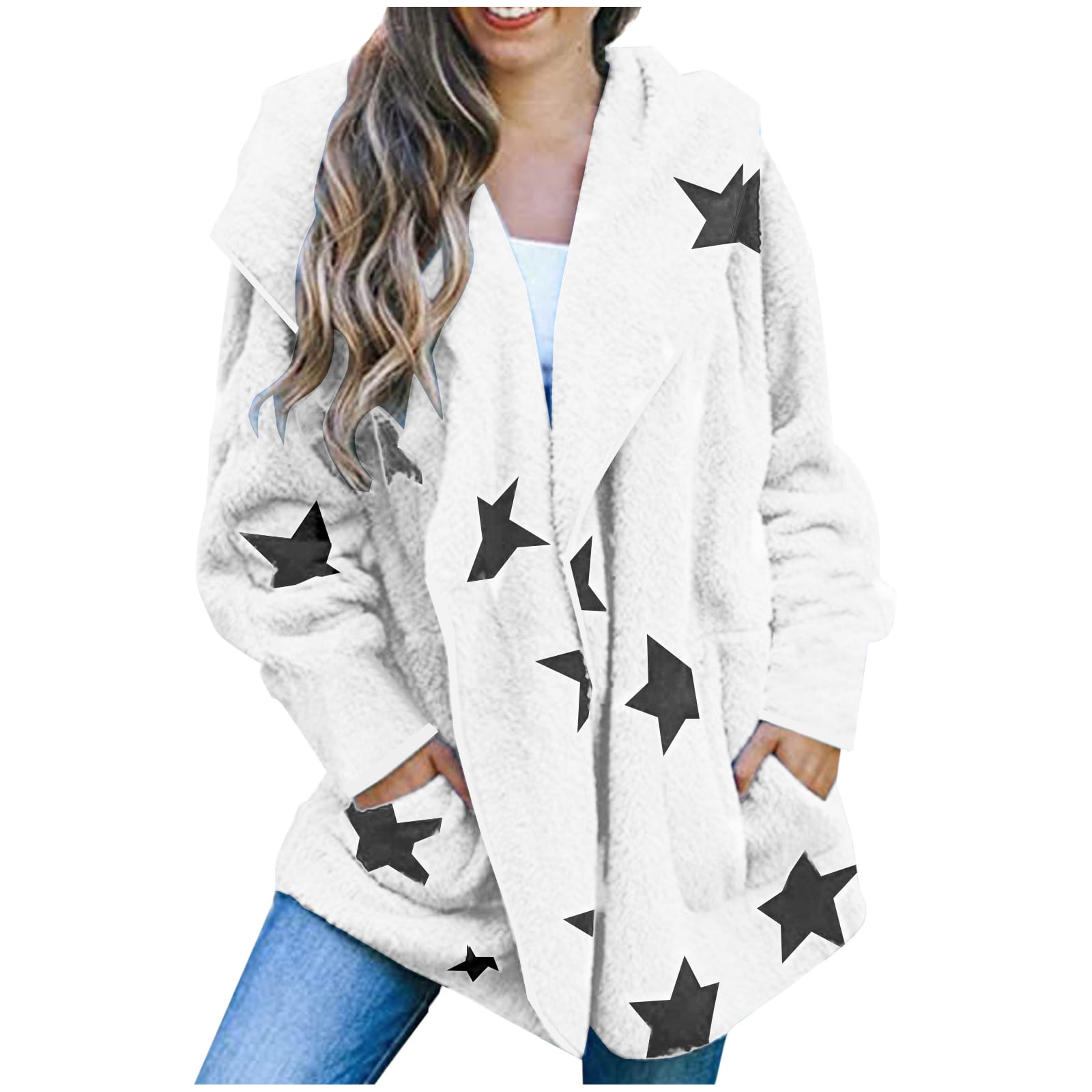 ShomPort Womens Winter Fuzzy Open Front Hooded Cardigans Star Print ...