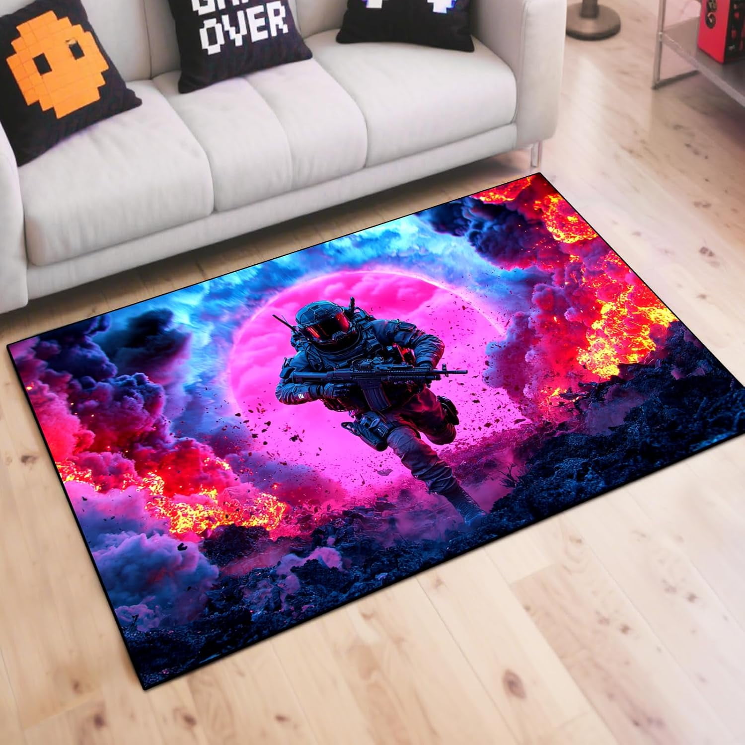 Shooting Gaming Area Rug Teen Boys Carpet, Battle Game Rug and Colorful ...