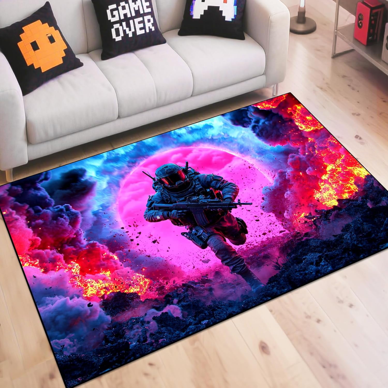 Shooting Gaming Area Rug Teen Boys Carpet, Battle Game Rug and Colorful ...