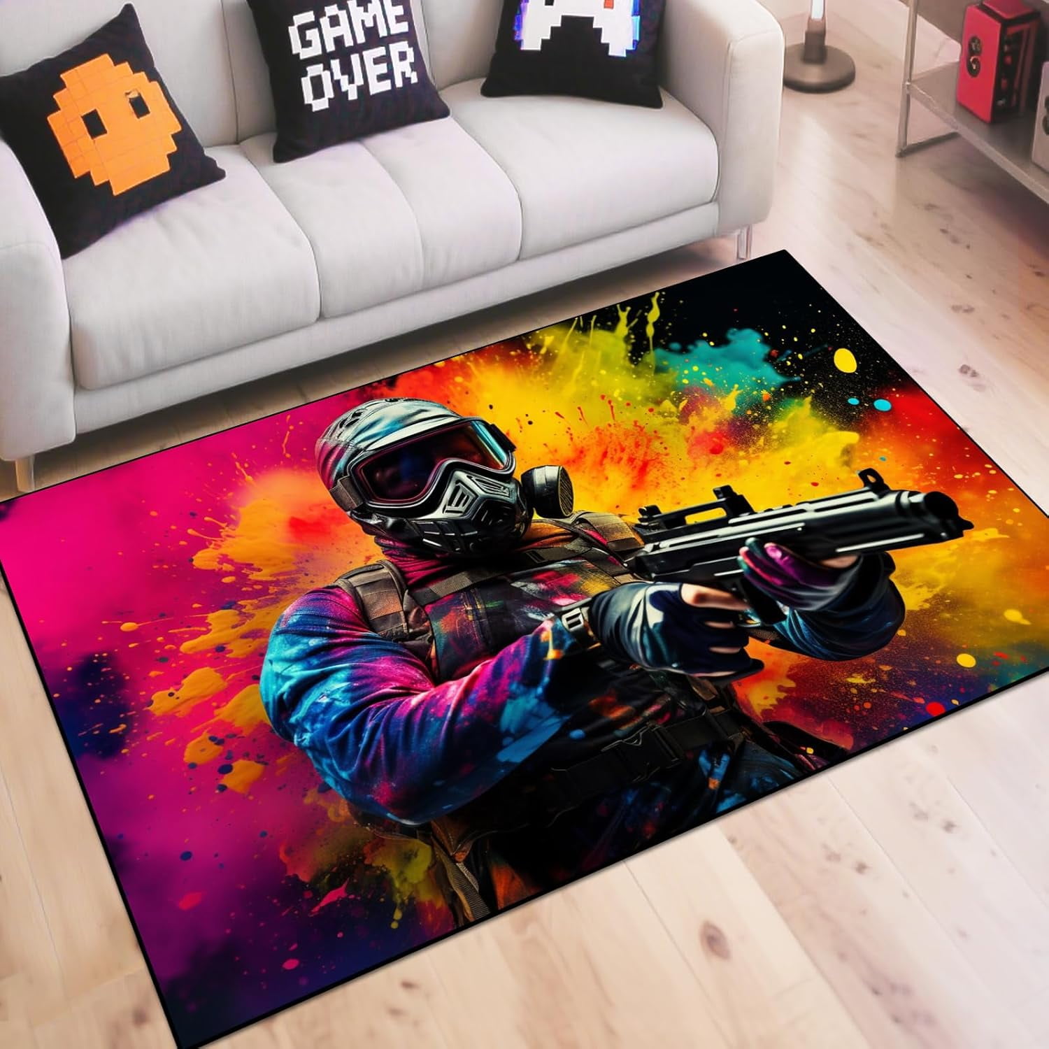 Shooting Gaming Area Rug Teen Boys Carpet, Battle Game Rug and Colorful ...