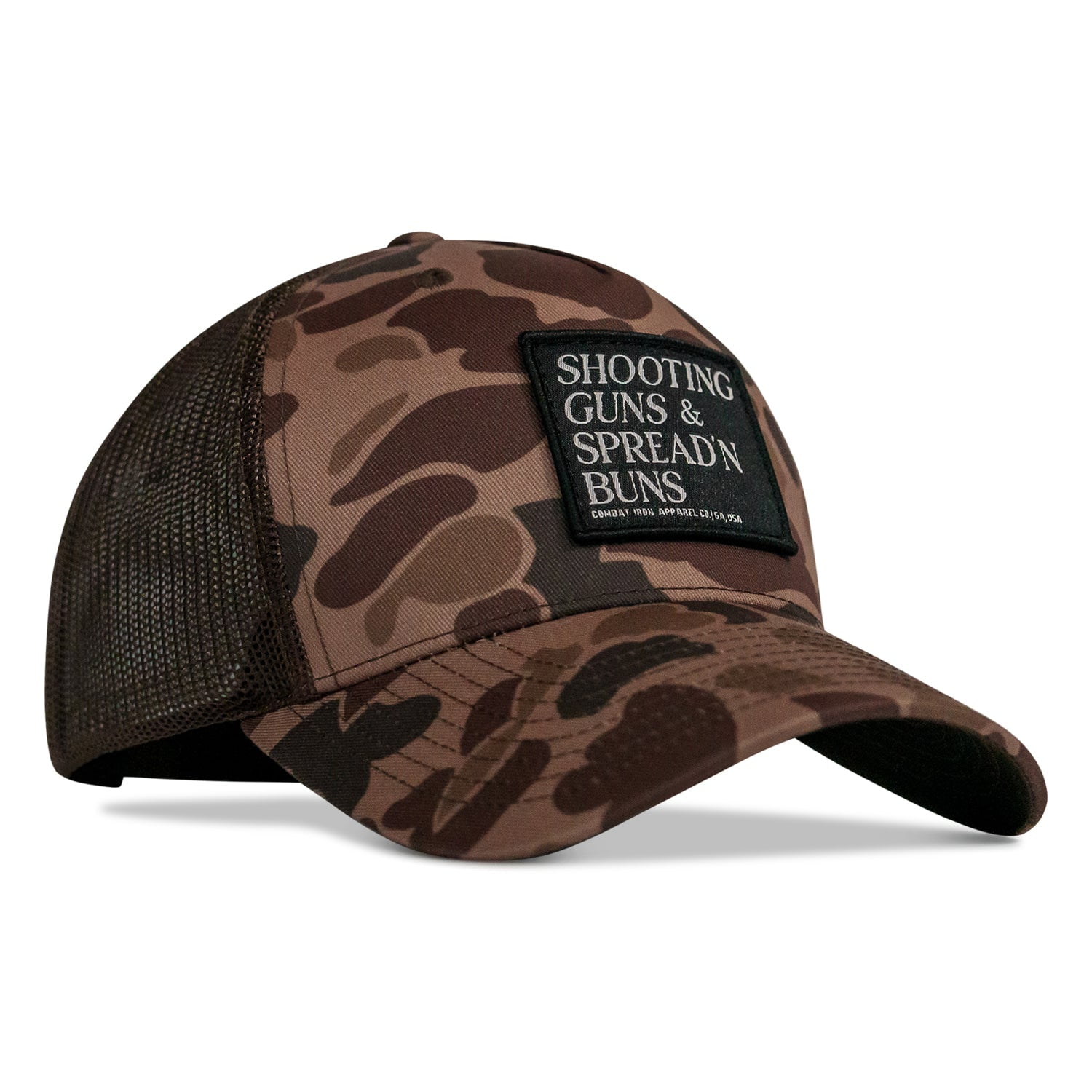 Shooting Guns & Spread'n Buns Patch Snapback Hat Brown Duck Camo ...