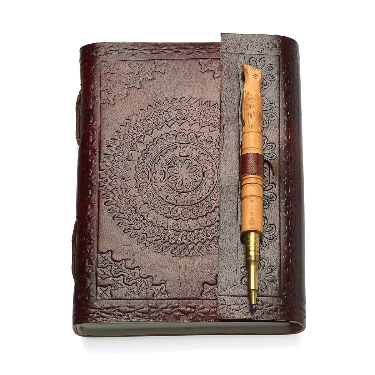 Shop LC Women Floral Handmade Leather Notebook Diary with Wooden Pen ...