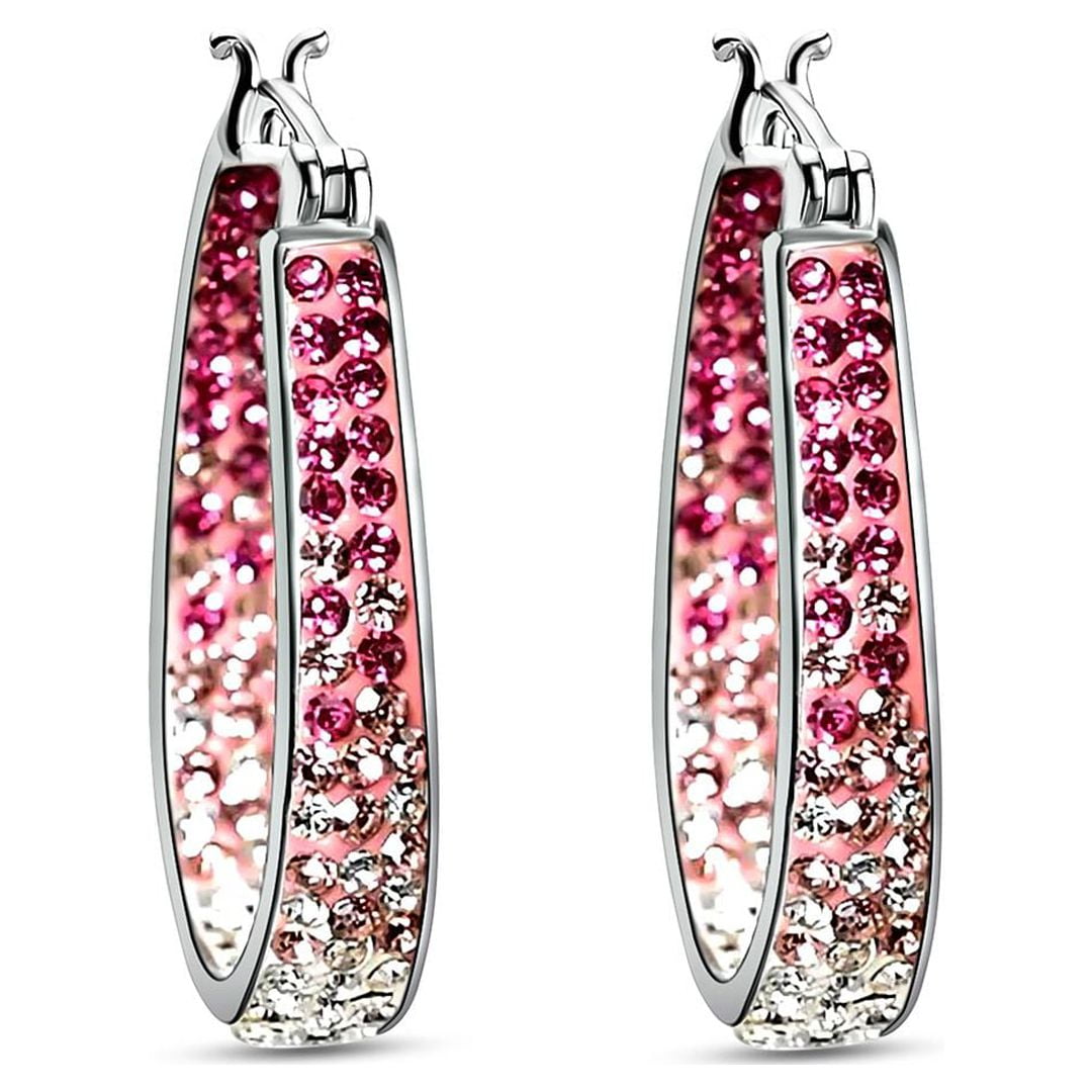 Pink Oval Crystal Hoop Earrings for Women Silver Plated Sparkle Bling ...