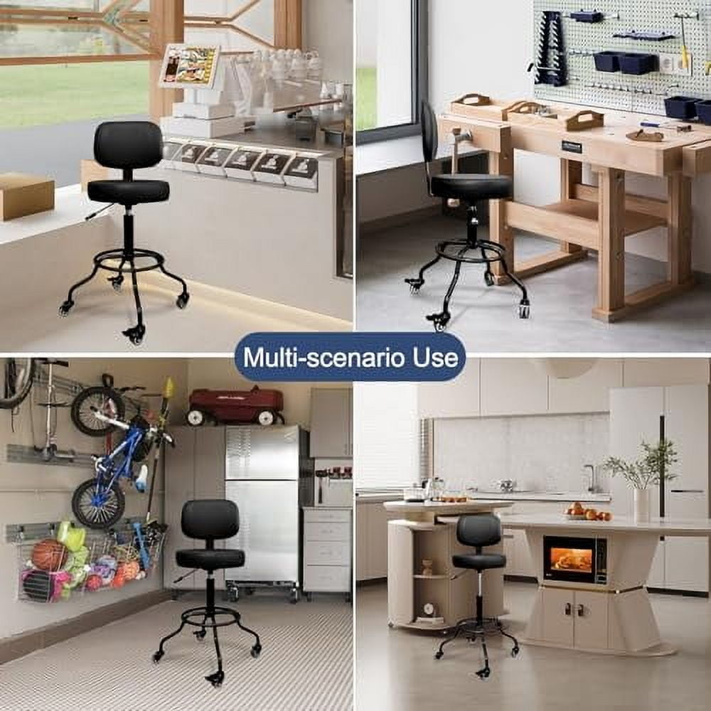 Shop Stool with Backrest and Lockable Wheels, Mechanic Garage Stool for ...