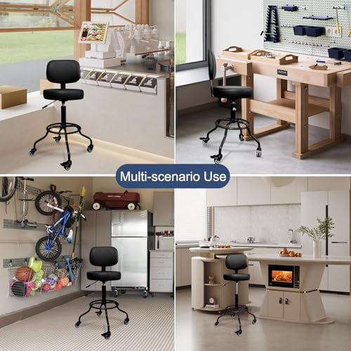 Shop Stool with Backrest and Lockable Wheels, Mechanic Garage Stool for ...