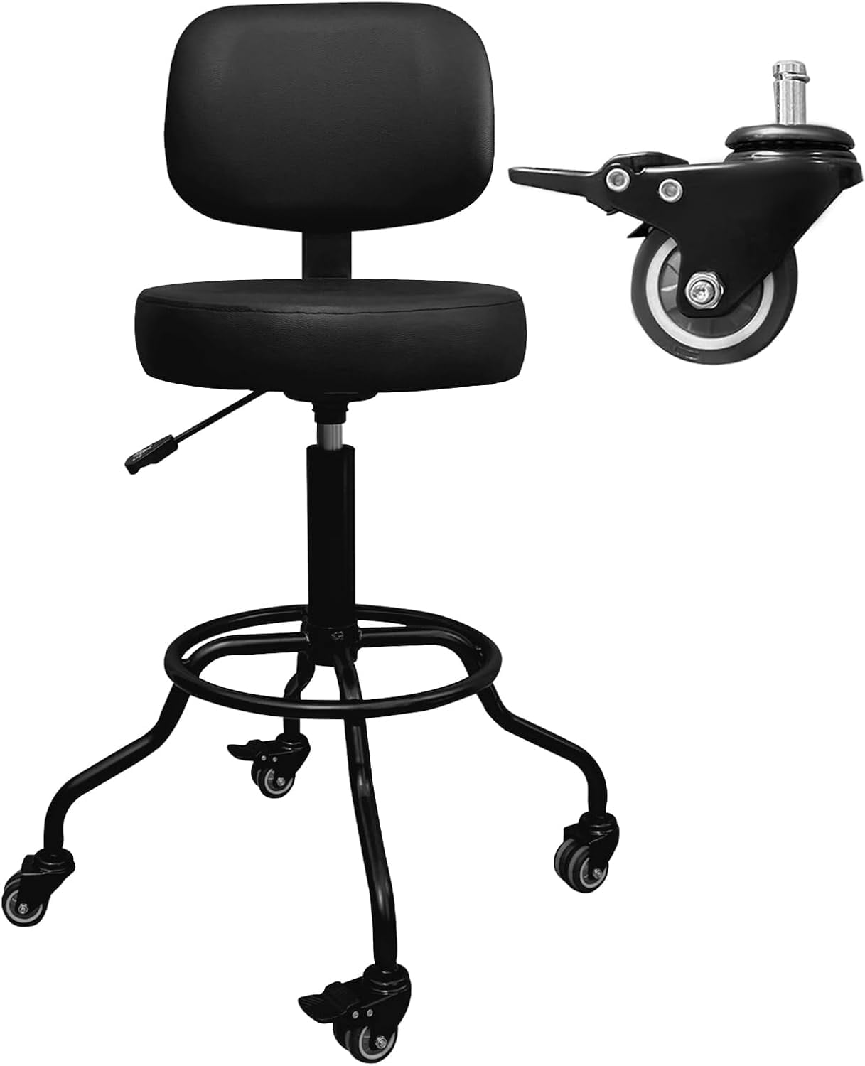 Shop Stool with Backrest and Lockable Wheels, Mechanic Garage Stool for Workshop, Adjustable ...