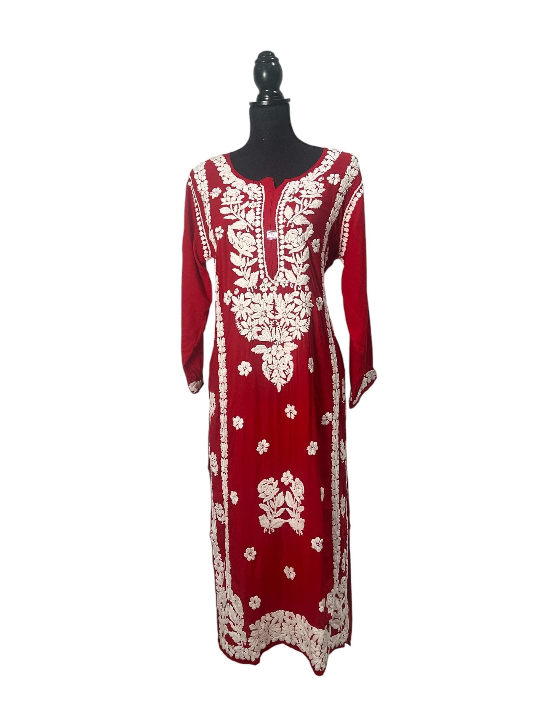 Shop the Talahi Indian Hand Embroidered Chikankari Red Mulmul Kurti for ...