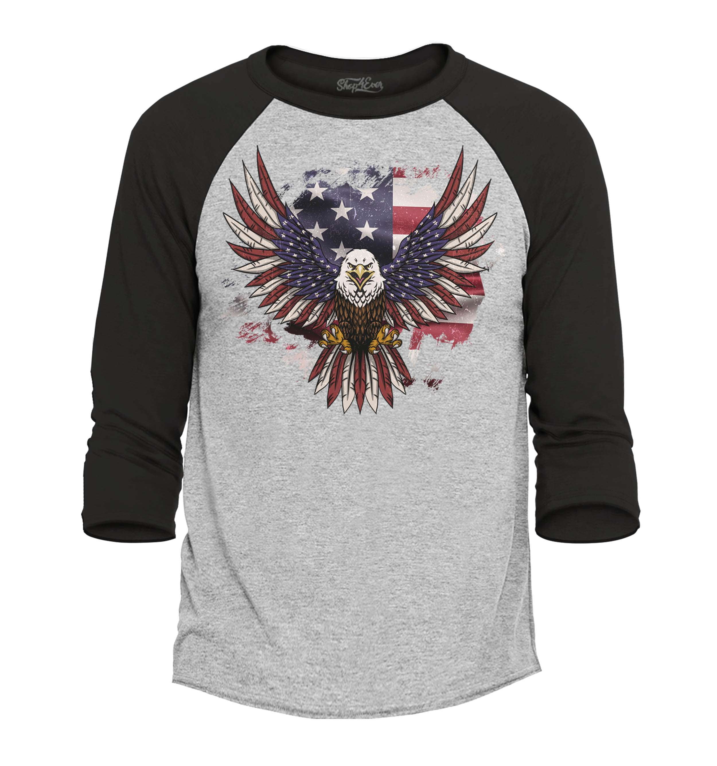 Shop4Ever Men's American Bald Eagle USA Flag Raglan Baseball Shirt X ...