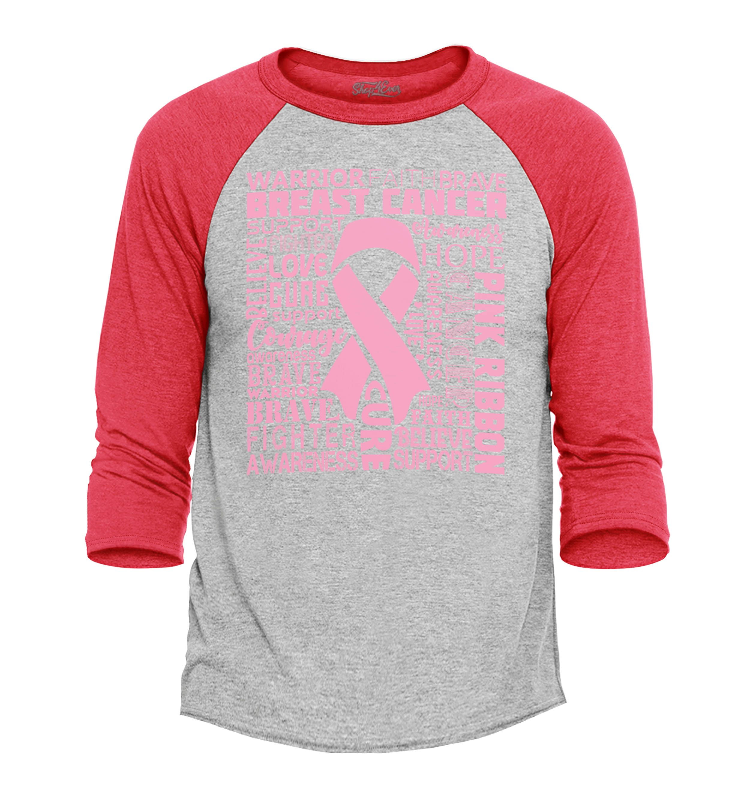 Shop4ever Mens Breast Cancer Awareness Pink Ribbon Word Cloud Raglan