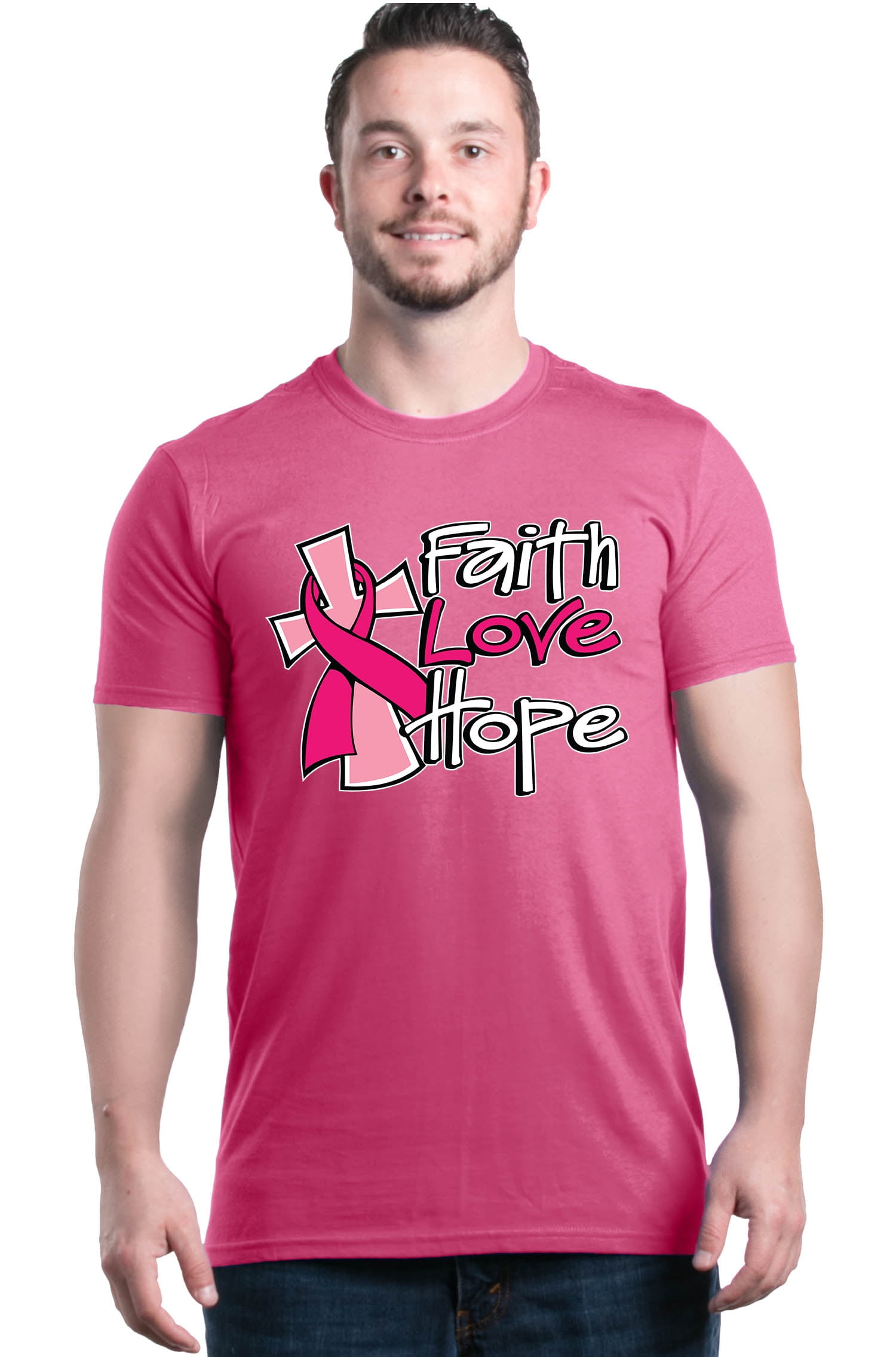 Shop4ever Mens Faith Love Hope Pink Breast Cancer Awareness Graphic T