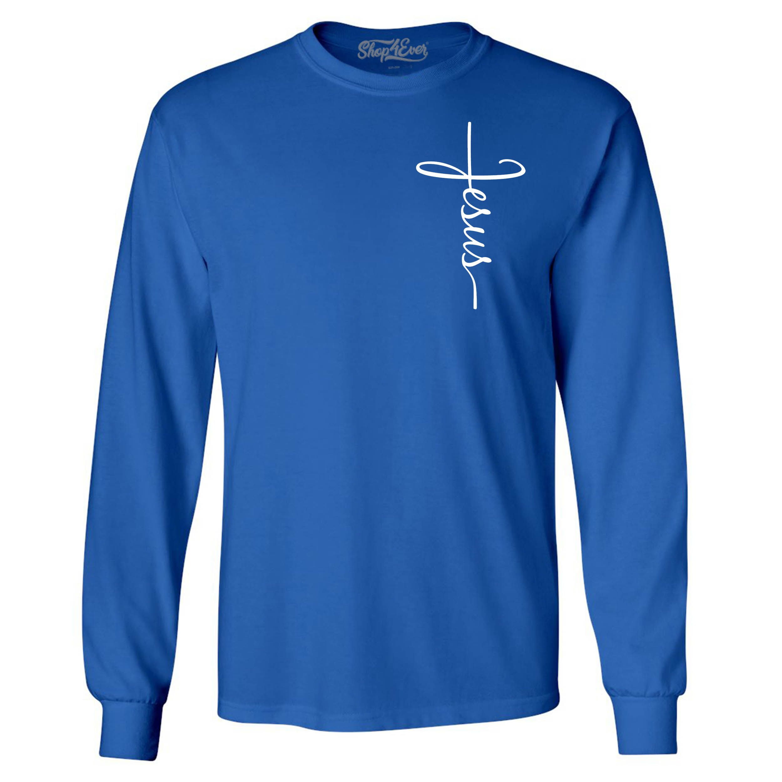 Shop4Ever Men's Jesus Cross Cursive Script Small Long Sleeve Shirt ...