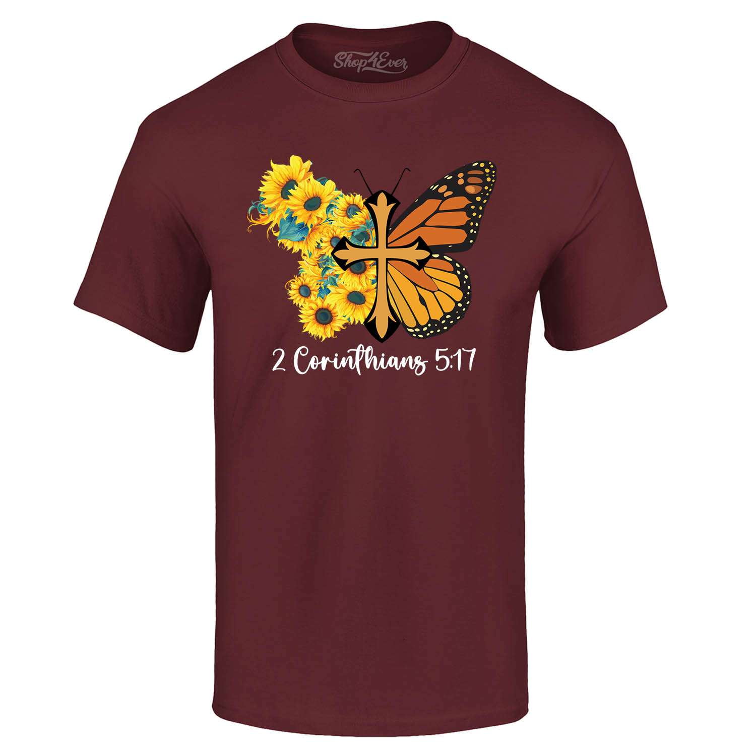 Shop4Ever Men's Monarch Butterfly with Sunflowers and Cross Graphic T ...