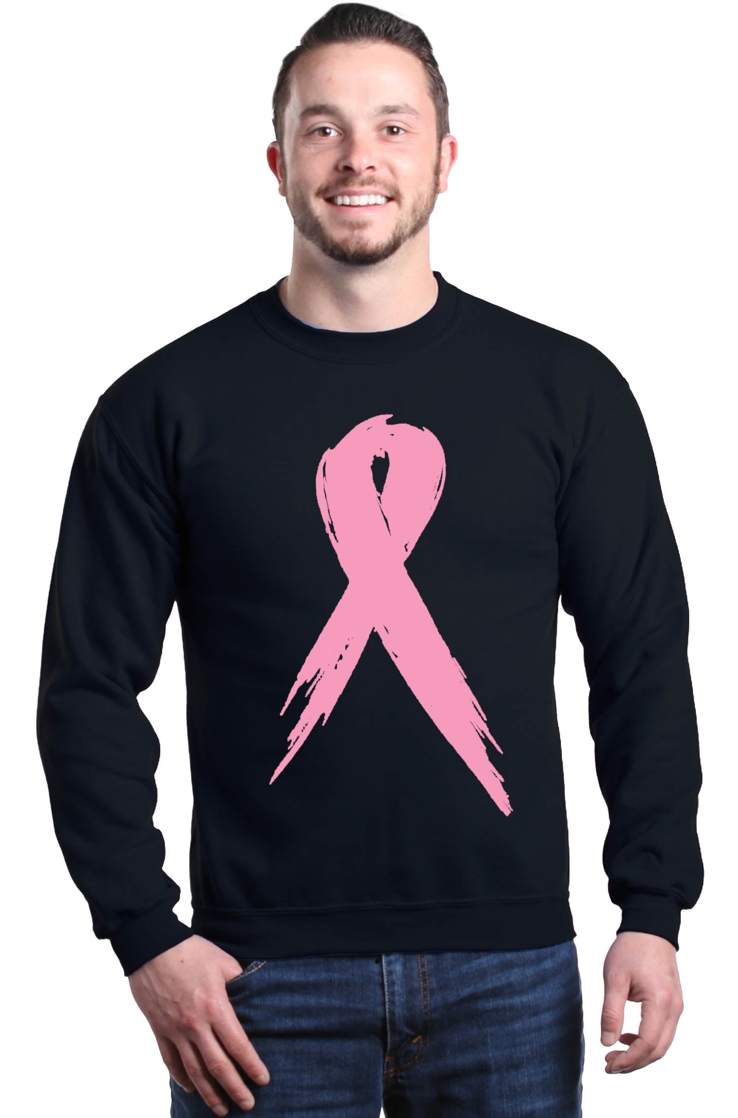 Shop4ever Mens Pink Breast Cancer Ribbon Awareness Support Crewneck
