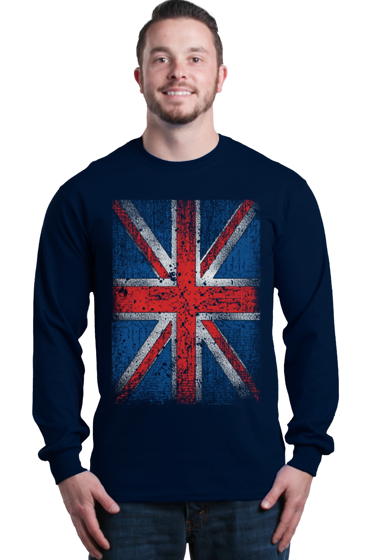 Shop4Ever Men's Union Jack British Flag UK Long Sleeve Shirt Small Navy ...