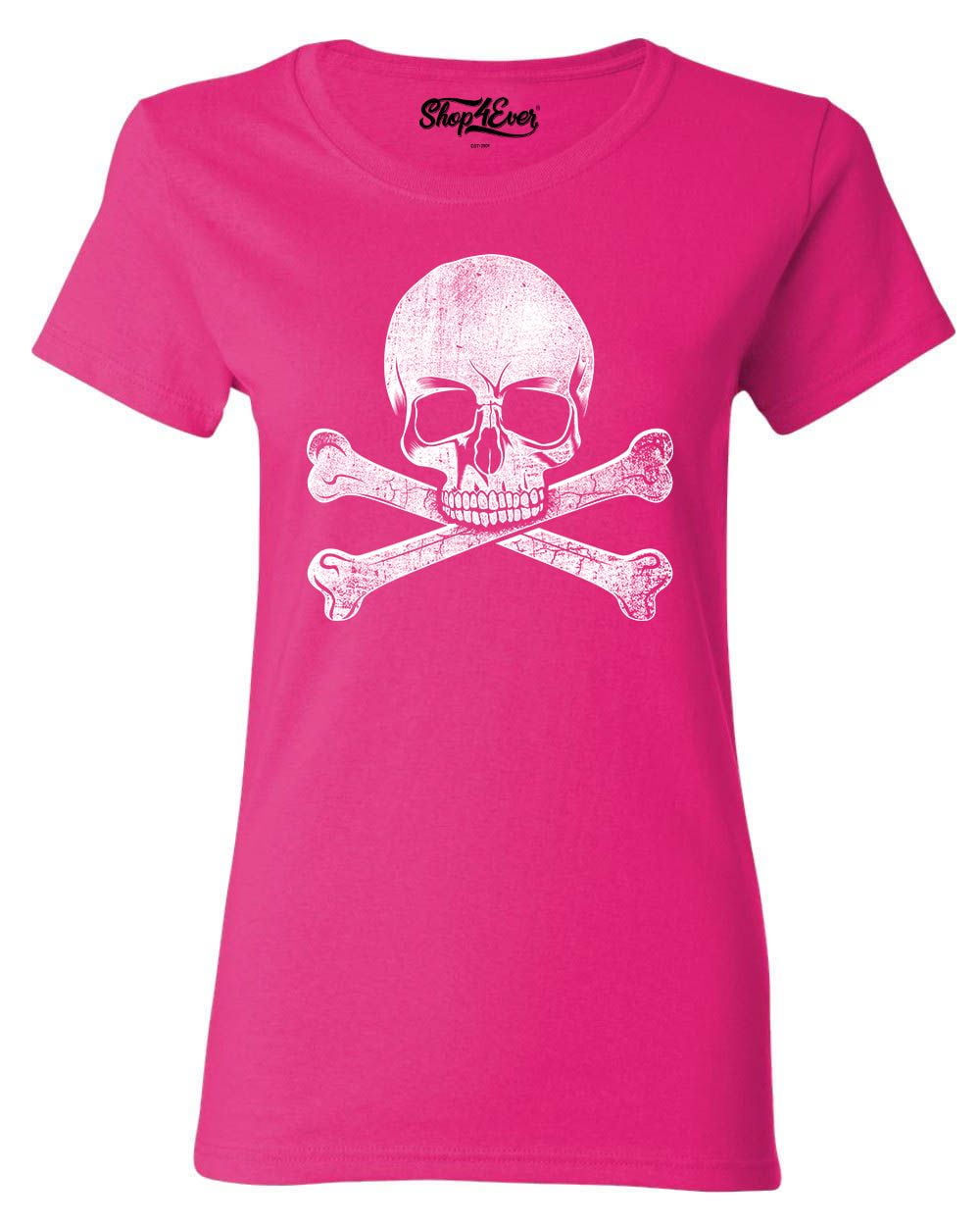 Shop4Ever Women's Distressed White Skull and Crossbones Graphic T-Shirt ...