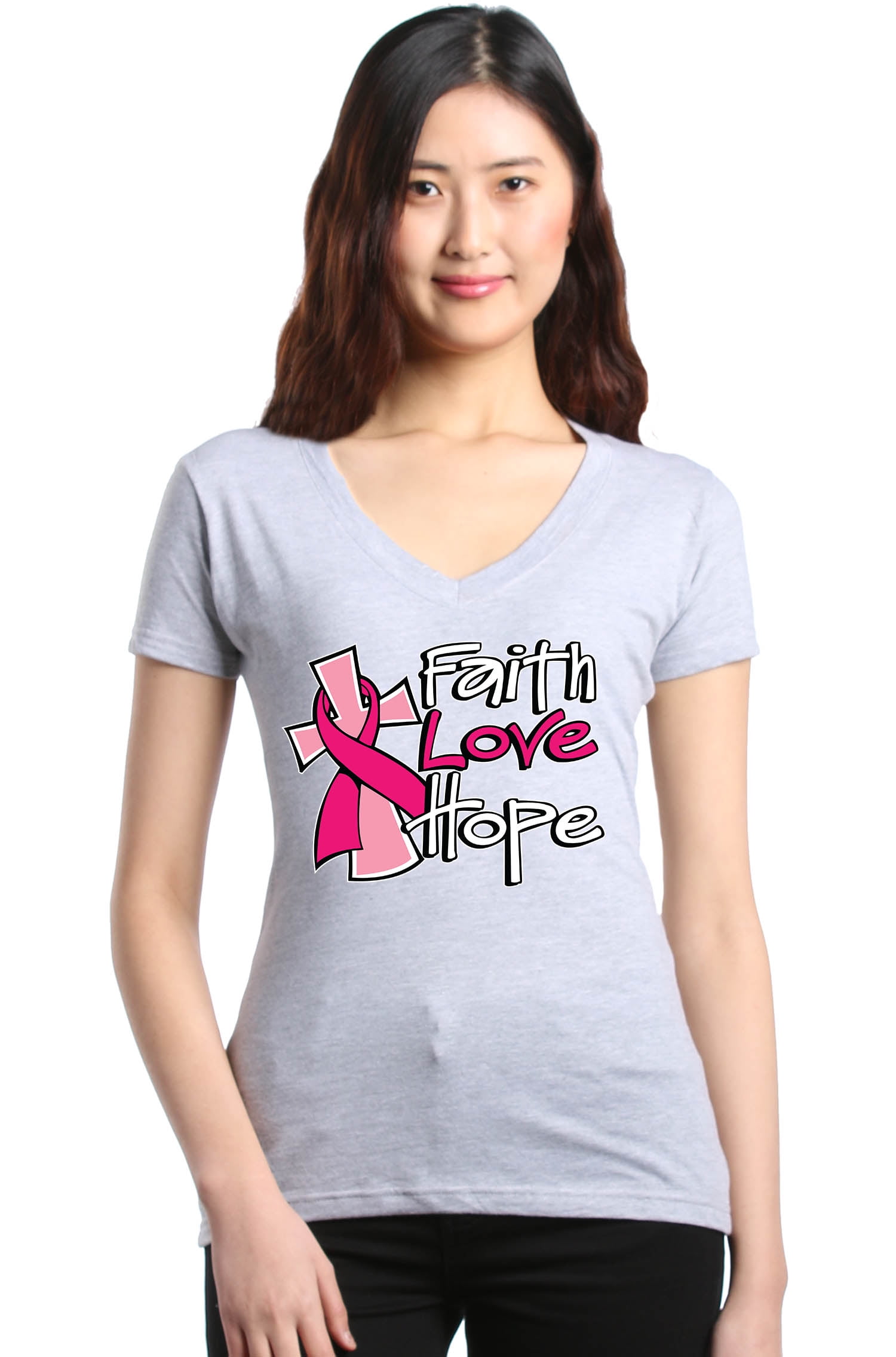 Shop4ever Womens Faith Love Hope Pink Breast Cancer Awareness Slim Fit