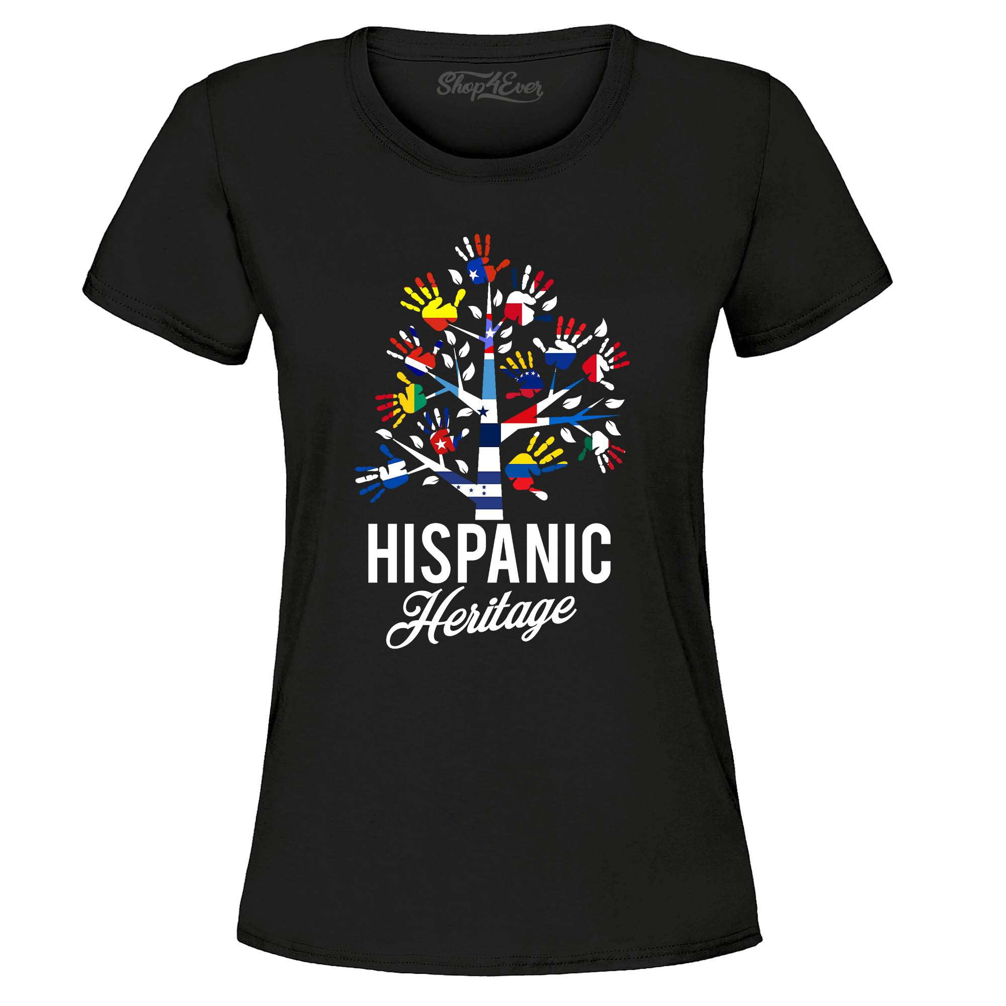Shop4Ever Women's Hispanic Heritage Month Flag Handprint Tree Graphic T ...