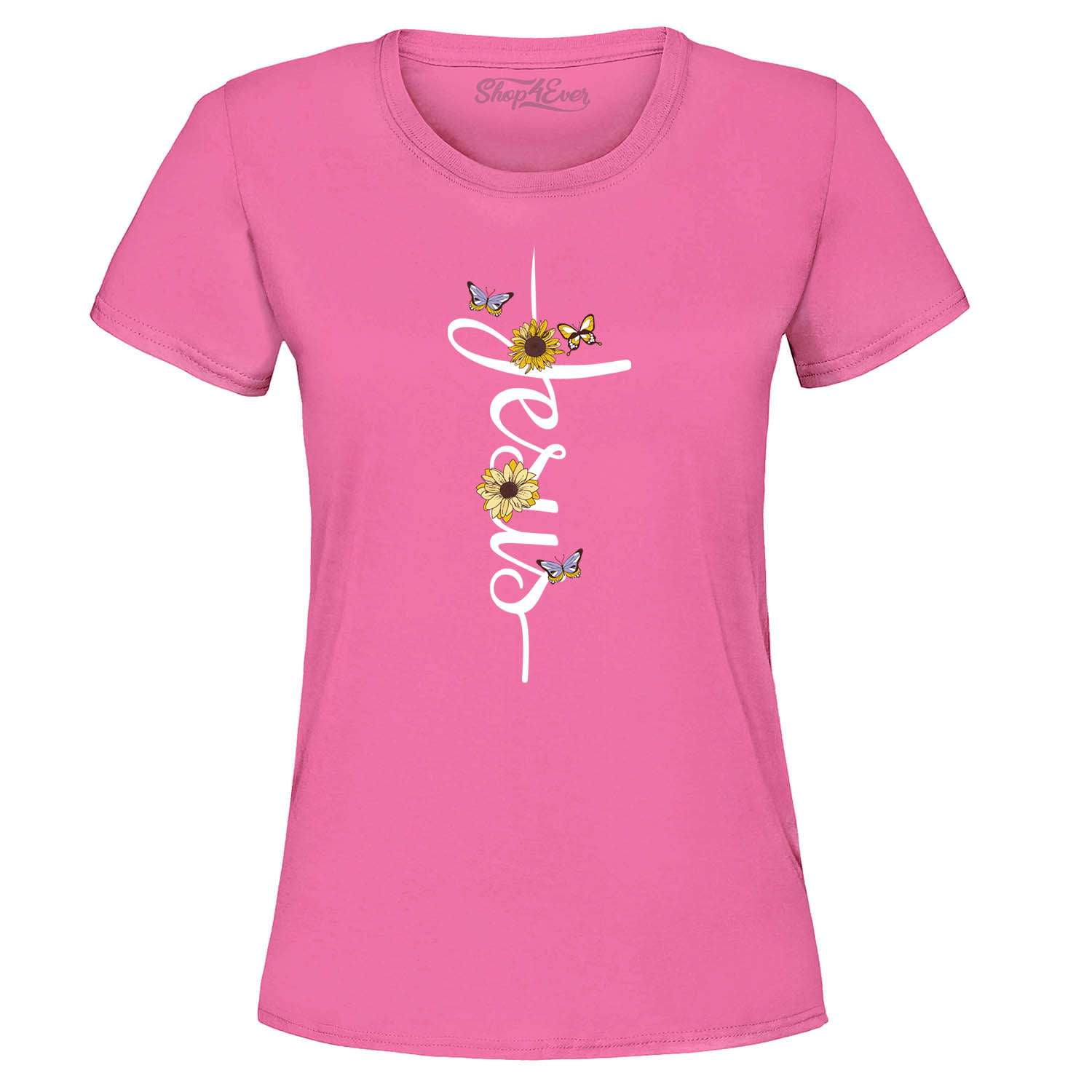Shop4Ever Women's Jesus Script Cross with Flowers and Butterflies ...