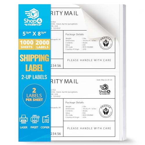 Shop4Mailers 2-Up White Permanent Self Adhesive Shipping Labels 5 ½” x ...