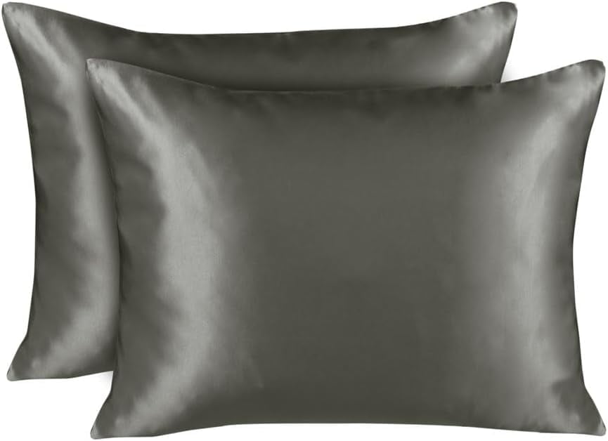Blissford Luxury Grey Satin Pillowcase with Zipper Closure, King 2-Pack ...