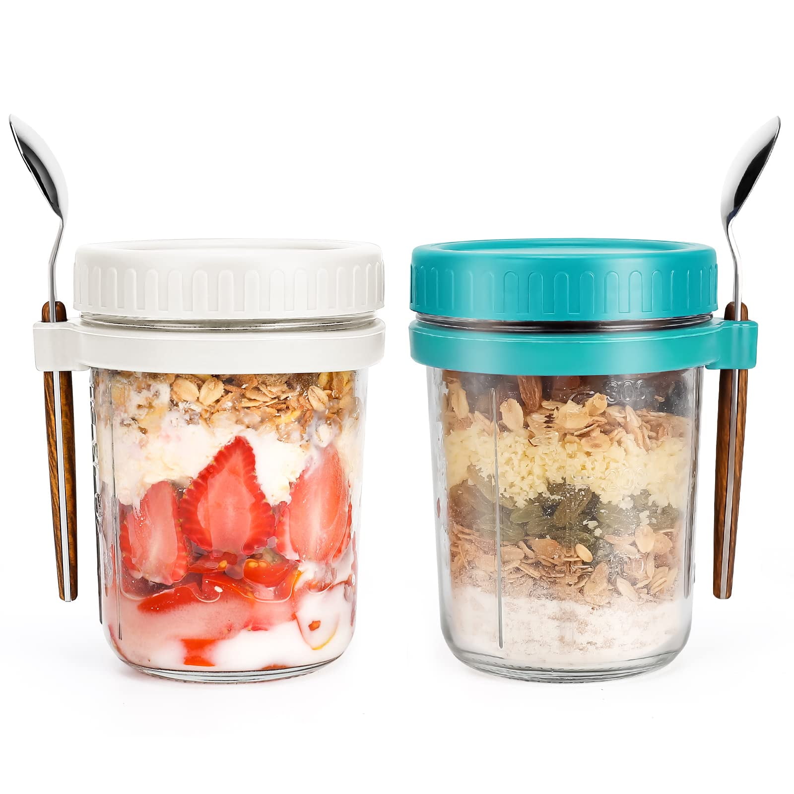 ShopEaseWaves Overnight Oats Jars with Spoon and Lid 16 oz [2 Pack], Airtight Oatmeal Container ...