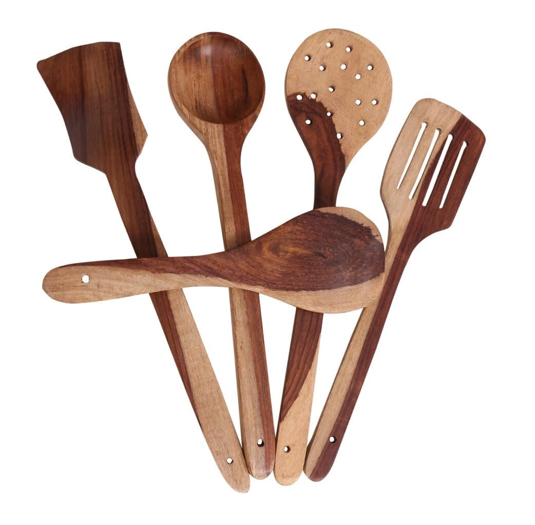 ShopiMoz Wooden Spatula Ladle Set Pack of 5 for Serving Cooking Spoon ...