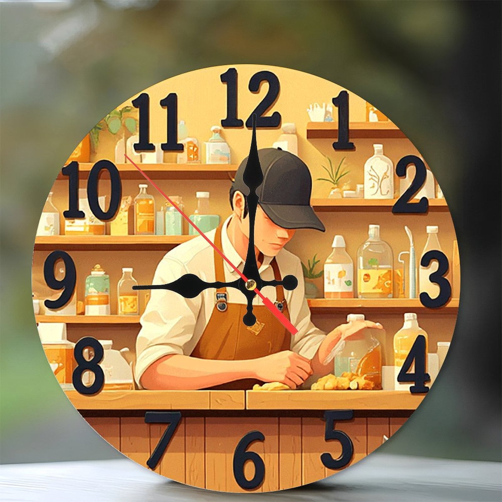 Shopkeeper Barista Coffee Shop Wall Clock 10-Inch Silent Wooden Wall ...