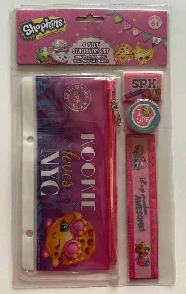 Shopkins 4 Piece Stationary Set - Pencil Case, Eraser, Sharpener, and ...