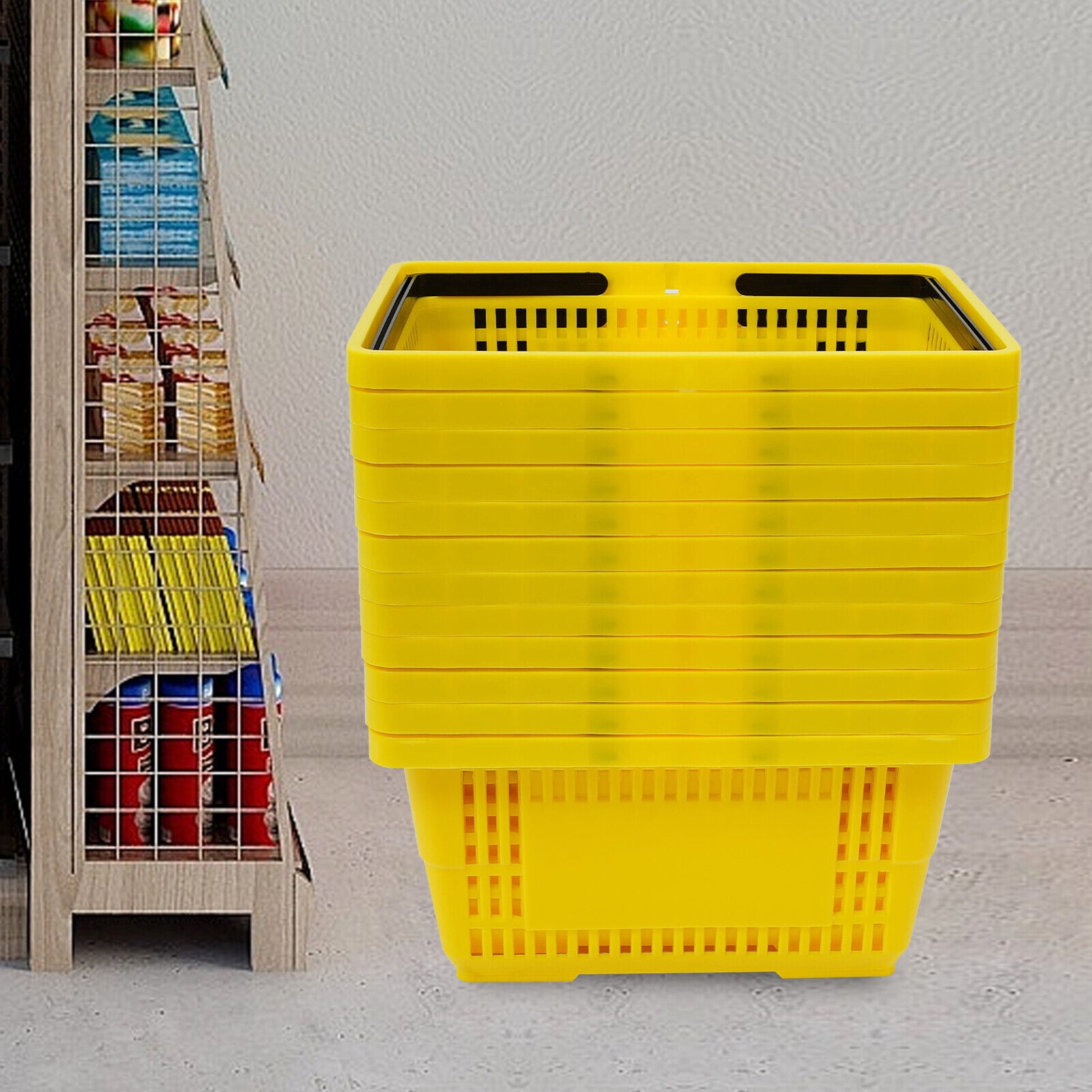 12 Packs 28L Plastic Shopping Baskets with Handles Yellow Store Retail ...