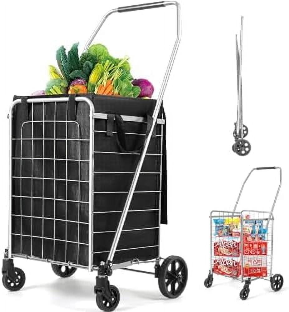 Shopping Cart with 360° Rolling Swivel Wheels, Portable Utility Cart ...