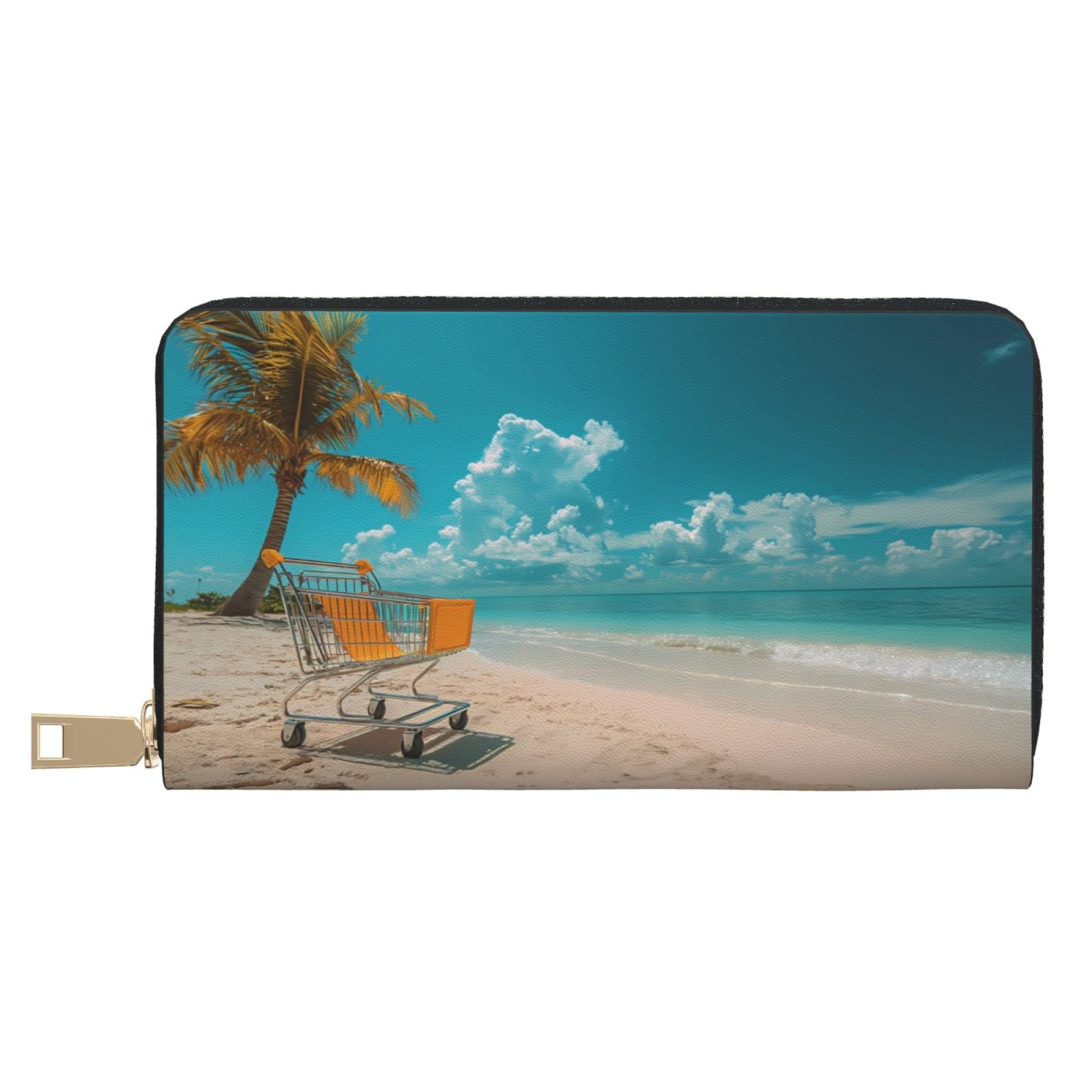 Shopping Cart On Tropical Beach Wallet Women, Leather Bifold Multi Card ...