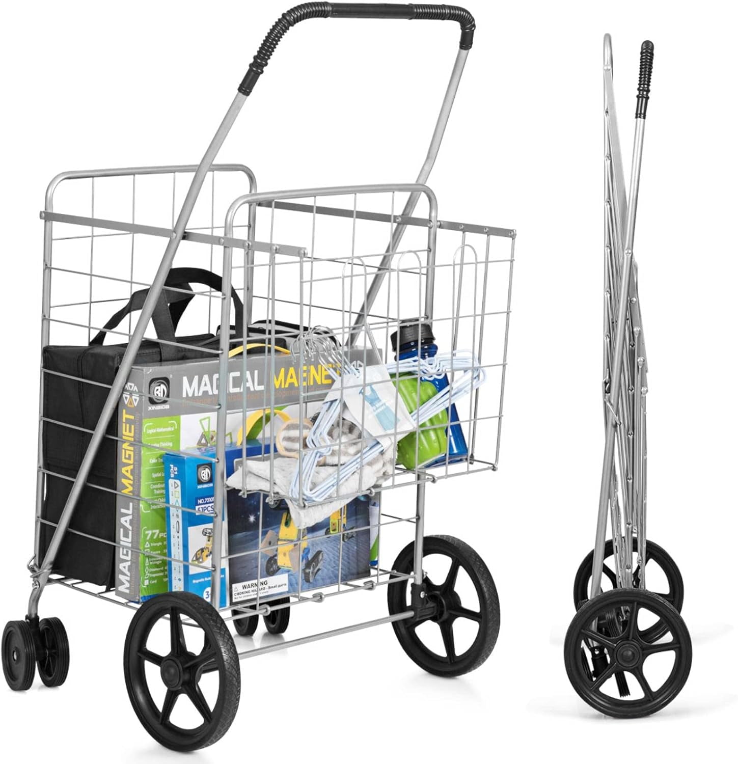 Shopping Cart with Wheels, Foldable Utility Metal Carts with 360 ...