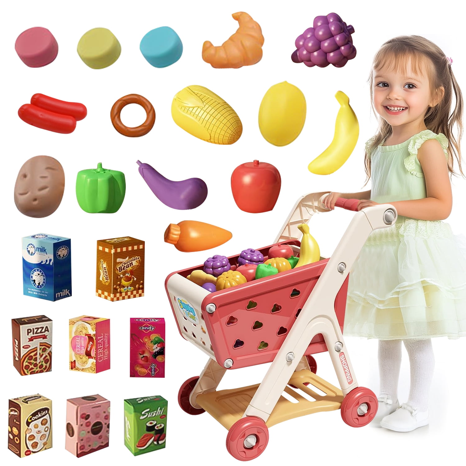 Shopping Carts for Kids, Trolley Play Set with Pretend Food and ...