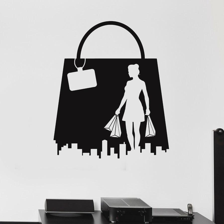 Shopping Girl Wall Decal Woman Fashion Shop Leather Bag Vinyl Window ...