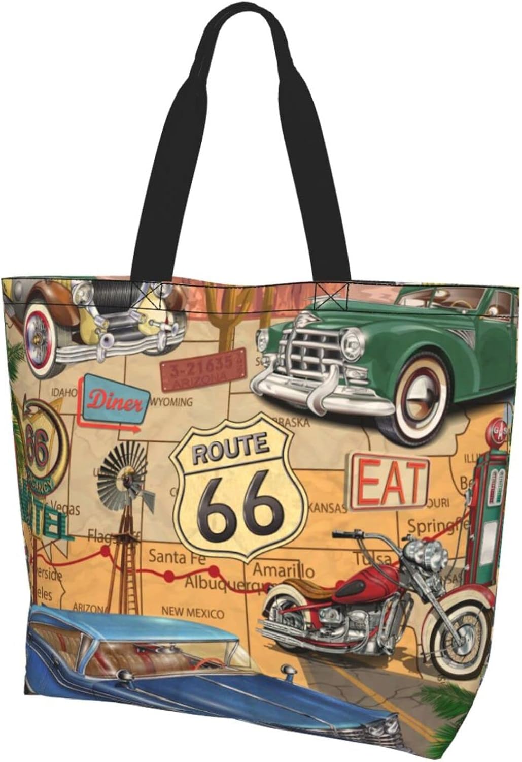 Shopping Shoulder Handbag Folding Vintage Route 66 Pattern Beach Bag ...
