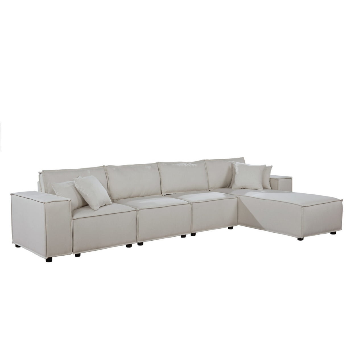 Shore 132 Inch Modular 4 Seater Sofa with Chaise and Pillows, Beige Fabric- Saltoro Sherpi ...