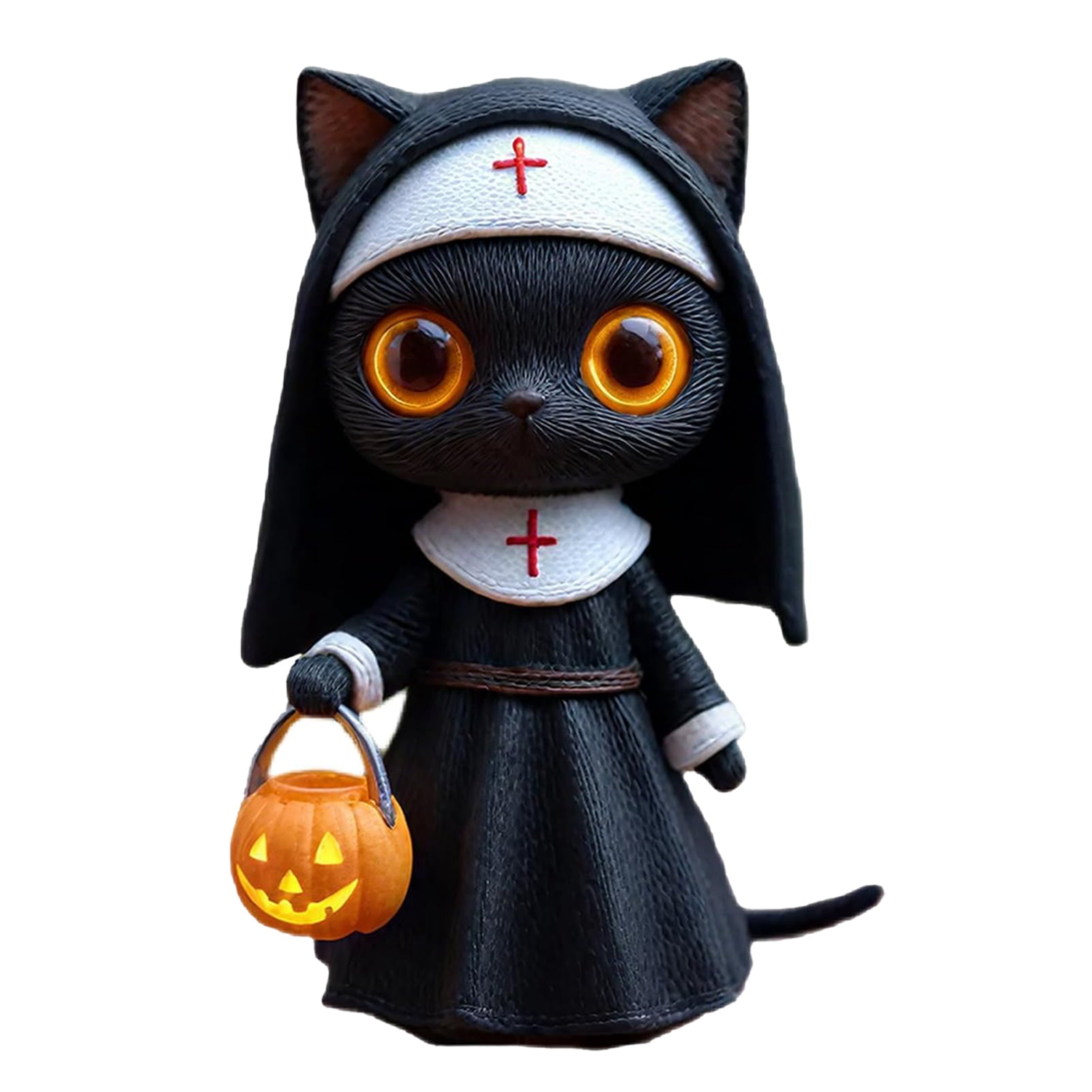 Shoreew Halloween Nun Cat Statue Black Cat Figurine with Pumpkin Bucket ...