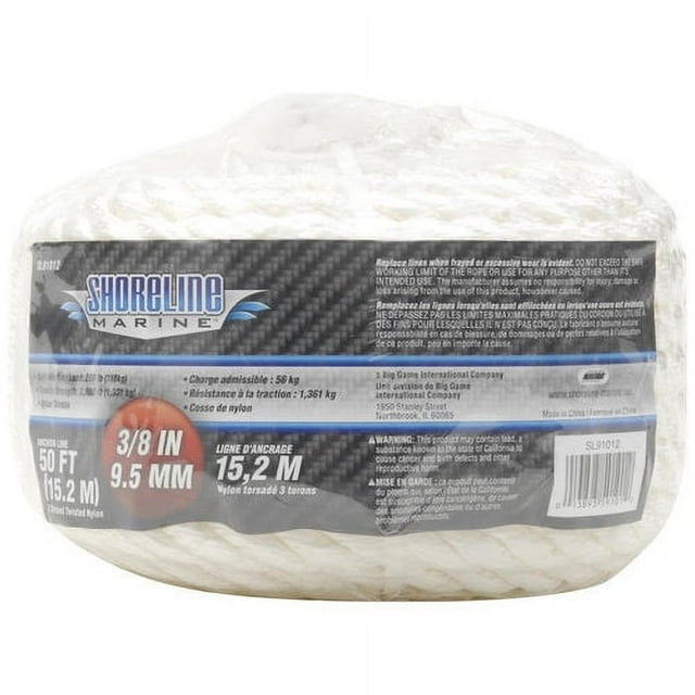 Shoreline Marine 3 Strand Twisted Nylon Anchor Line, 3/8 x 50 ft, White ...