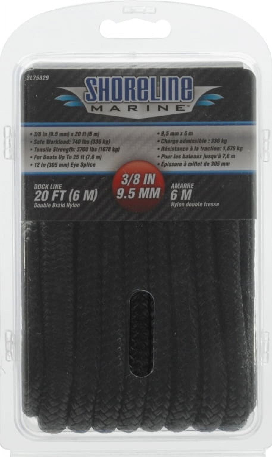 Shoreline Marine Double Braided Nylon Dock Line, 3/8 in x 20 ft, Black ...