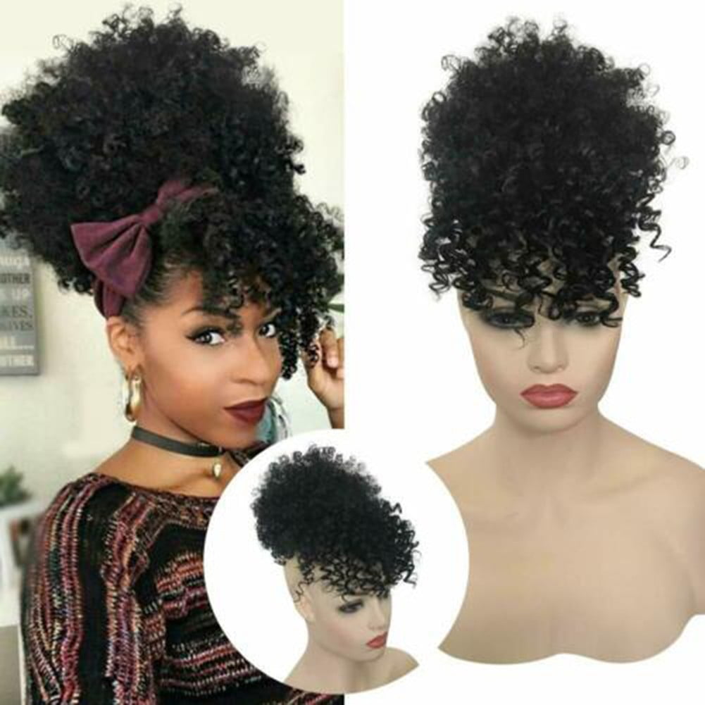 Short Afro Puff Kinky Curl Hair Bun Ponytail String With Bang Synthetic ...