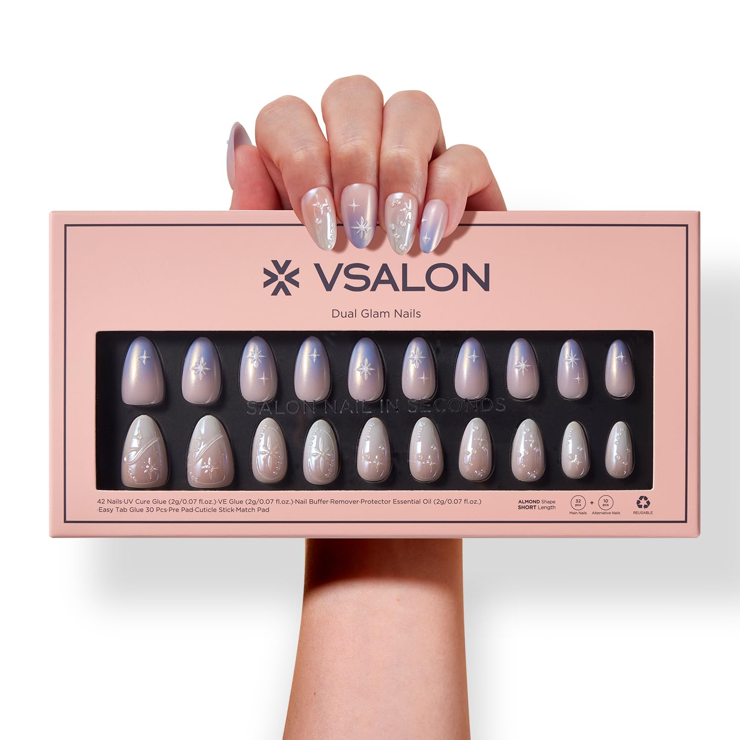 Short Almond Press-On Nails, 32 PCS Chrome Ombre 3D Star Main Nails in ...