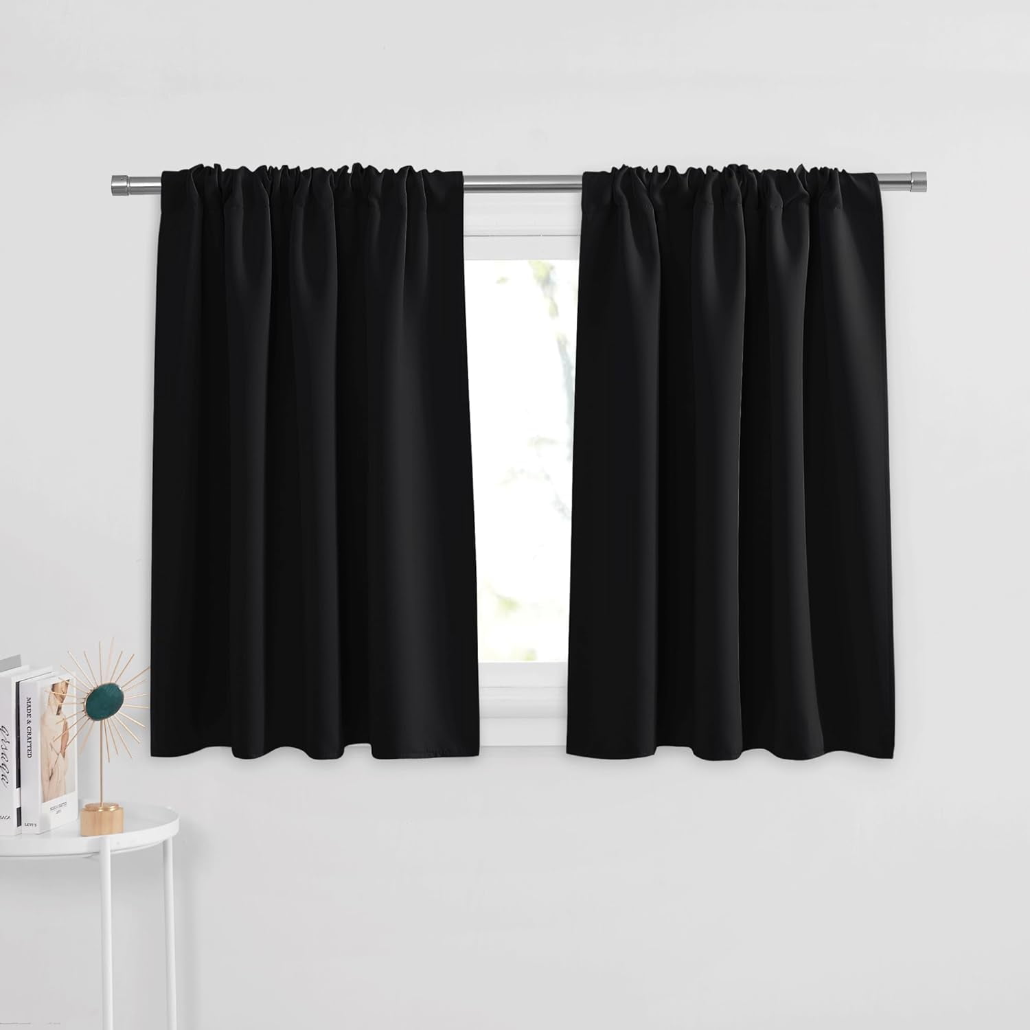 Short Black Kitchen Curtains 36 inch Length, Half Window Blackout Cafe ...