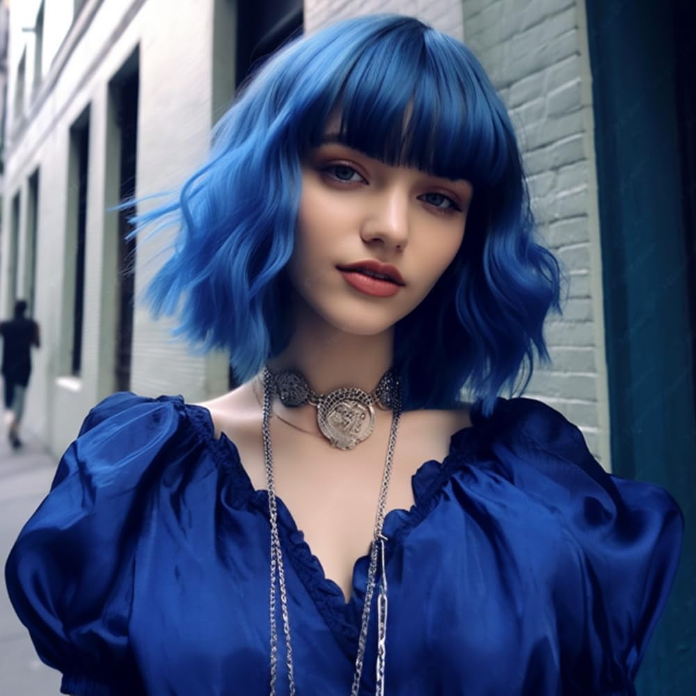 Short Blue Wigs for Women Blue Wavy Bob Wig with Bangs Medium Length ...