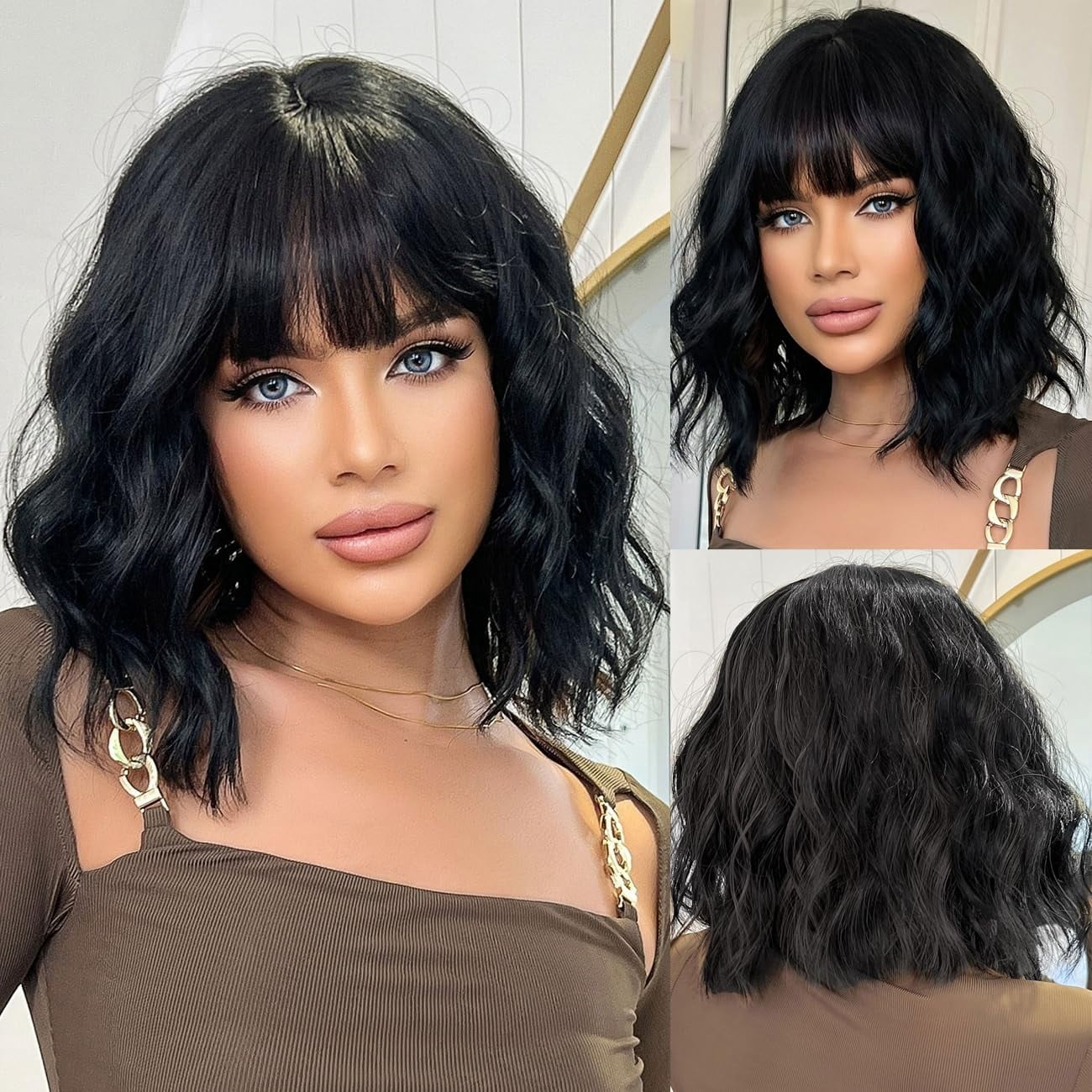 Short Bob Black Wavy Wigs for Women Natural Shoulder Length Wig with ...
