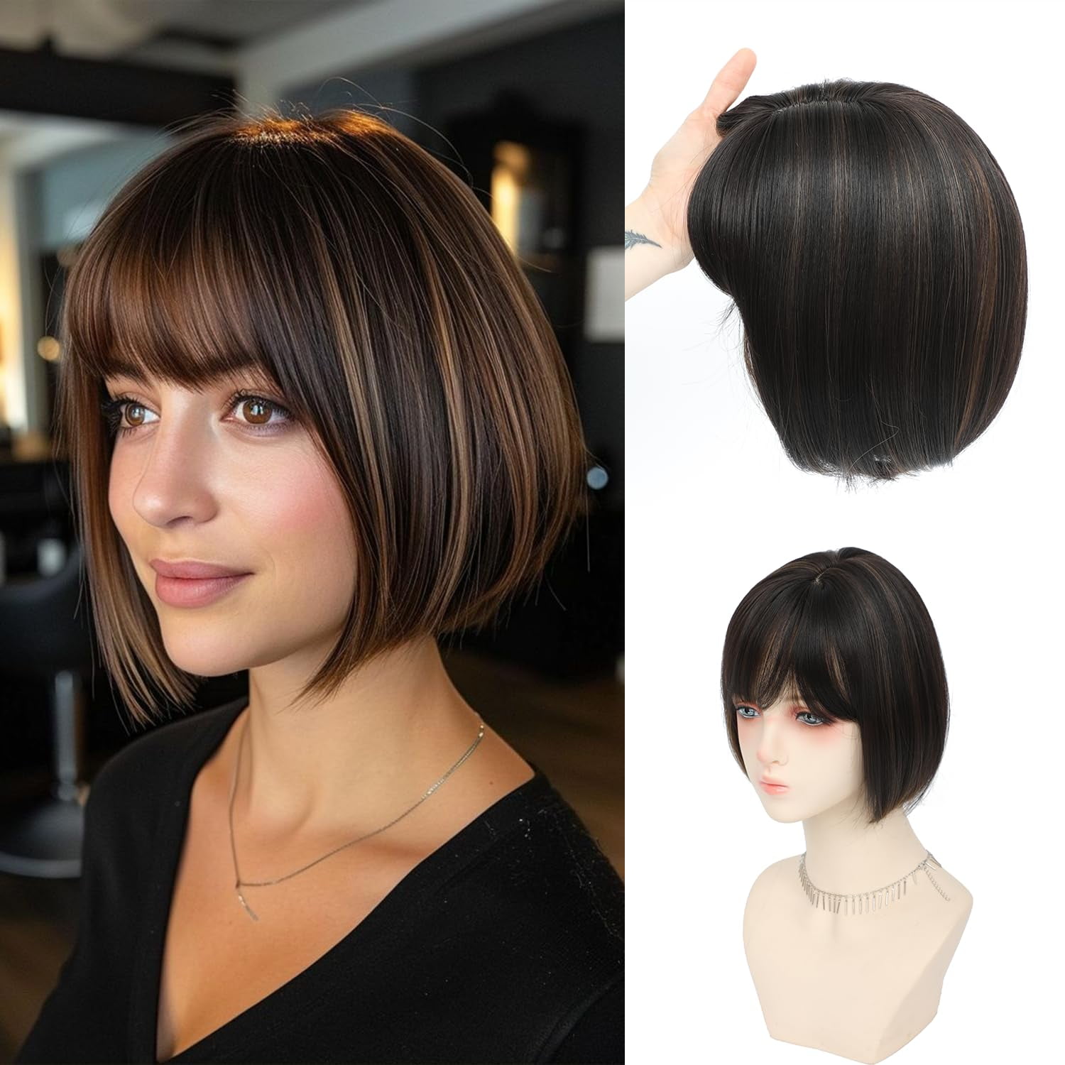 Short Bob Hair Topper for Women with Bangs Side Part 10 inch Synthetic ...