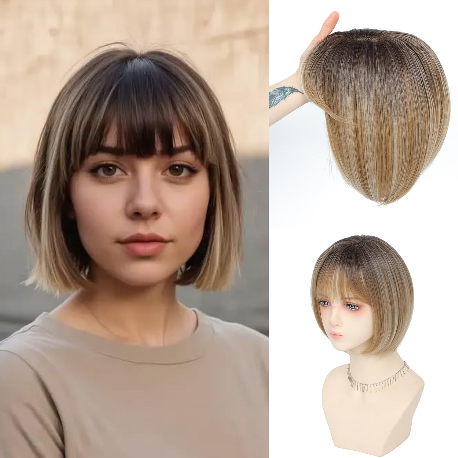 Short Bob Hair Topper for Women with Bangs Side Part 10 inch Synthetic ...