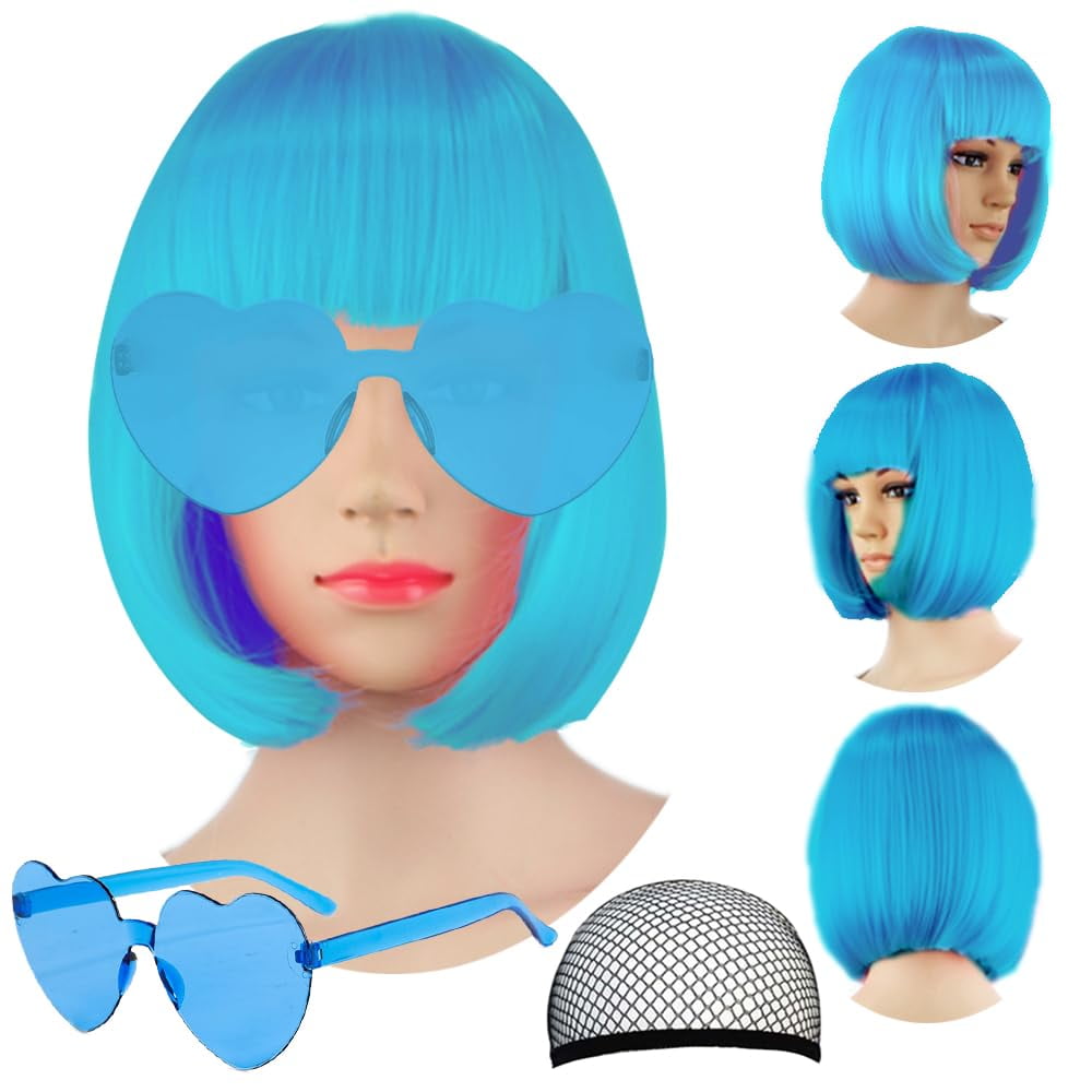 Short Bob Hair Wigs Straight with Flat Bangs Synthetic Colorful Cosplay ...